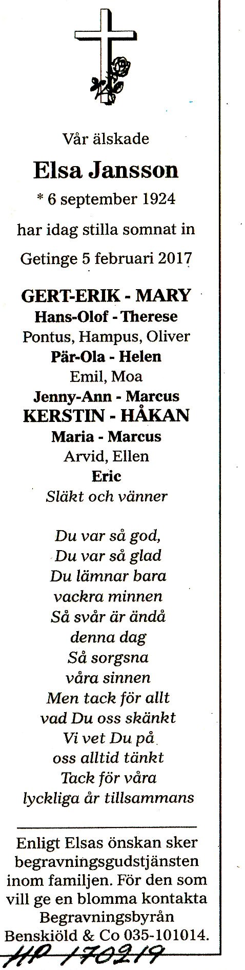 170219 Dödsannons Elsa Jansson