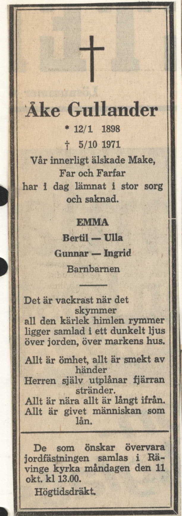 Dödsannons - Åke Gullander, Bårarp - 1971