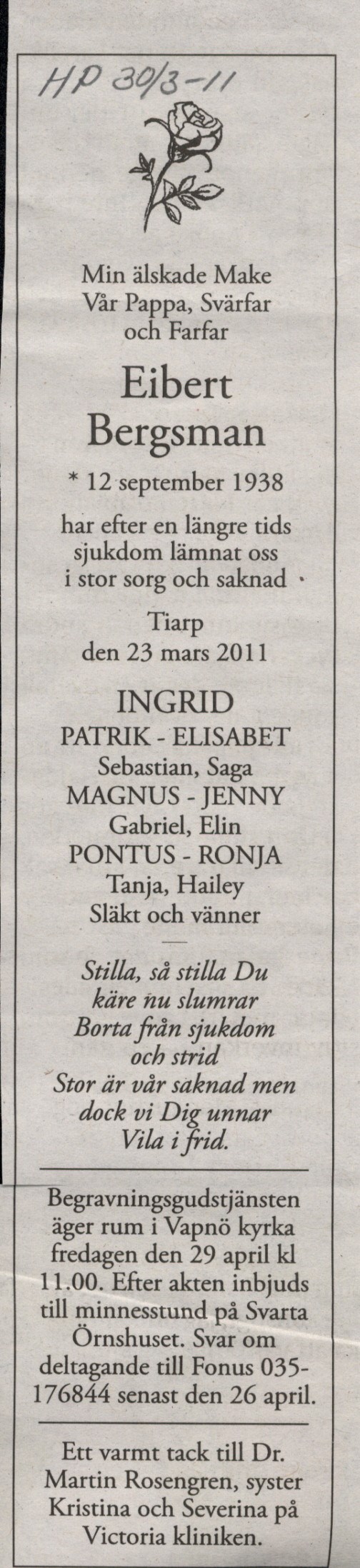 110330 Dödsannons Eibert Bergsman