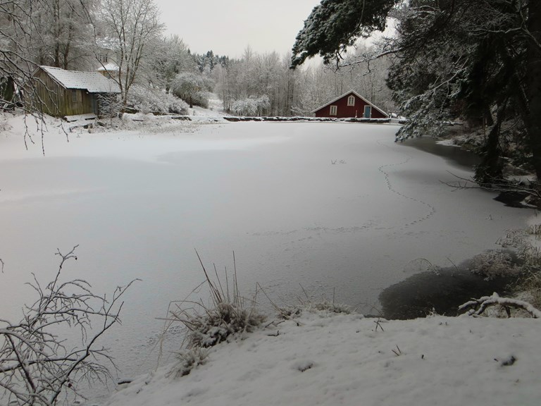 Vintervy över kvarndammen vid Mauritzbergs kvarn 2014